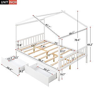 Full Size Bed Frame with Headboard and Footboard, Low House Bed/Full Bed Frame with Storage Drawer, Wood Bed Frame for Kids, Girls, Boys (White Drawer, Full)