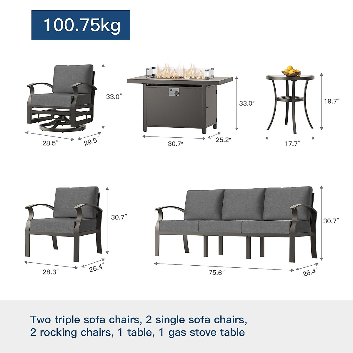Kullavik Aluminum Patio Furniture Set,8 Pieces 10 Seat Metal Outdoor Furniture Conversation Set w/45 Propane Gas Fire Pit&Swivels,Grey