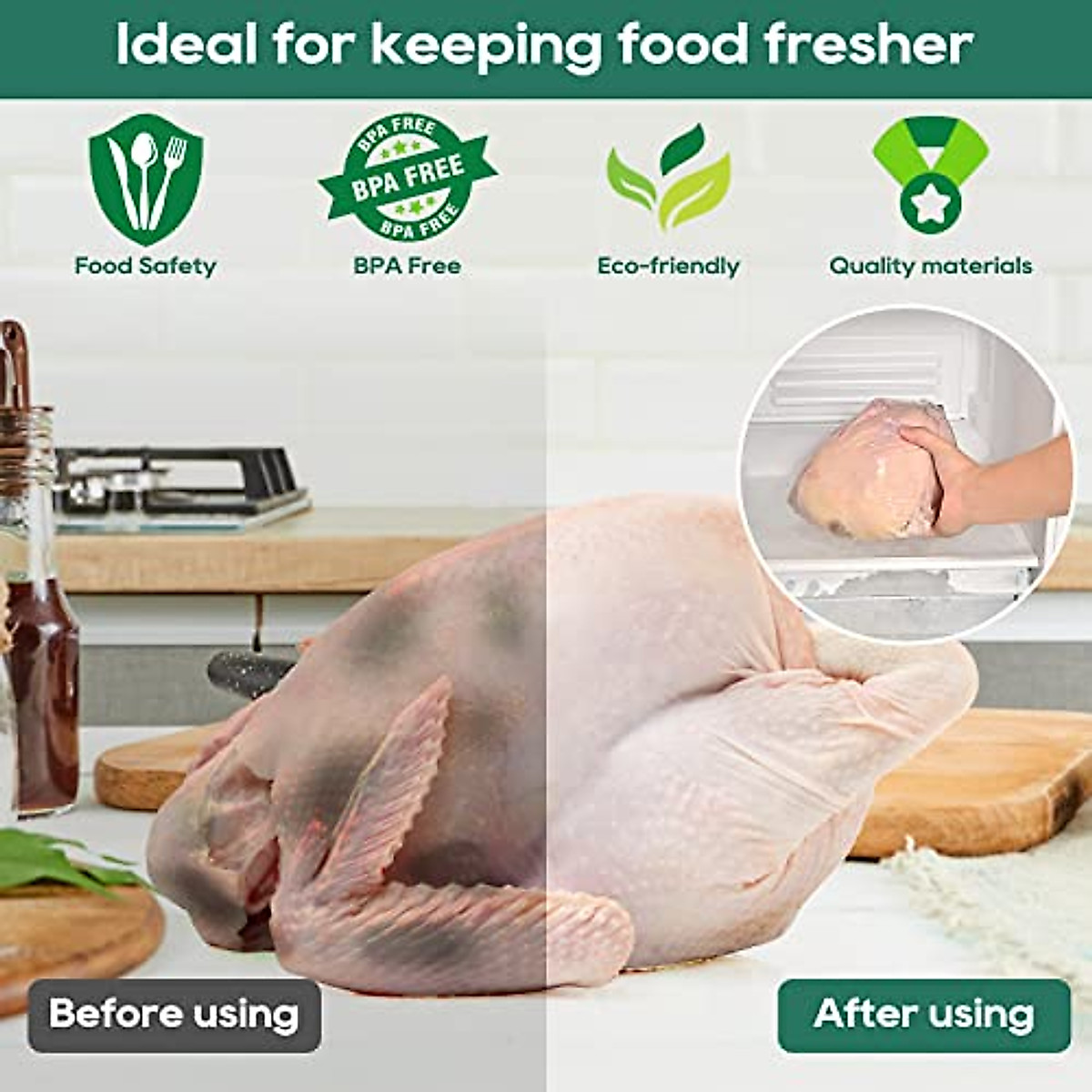 50 Pcs Poultry Shrink Bags, 10x16 Inch Chicken Shrink Wrap Bags, BPA/BPS Free Heat Shrink Bags for Food Storage and Keeping Fresh, Include Silicone Straw and 50 Zip Ties