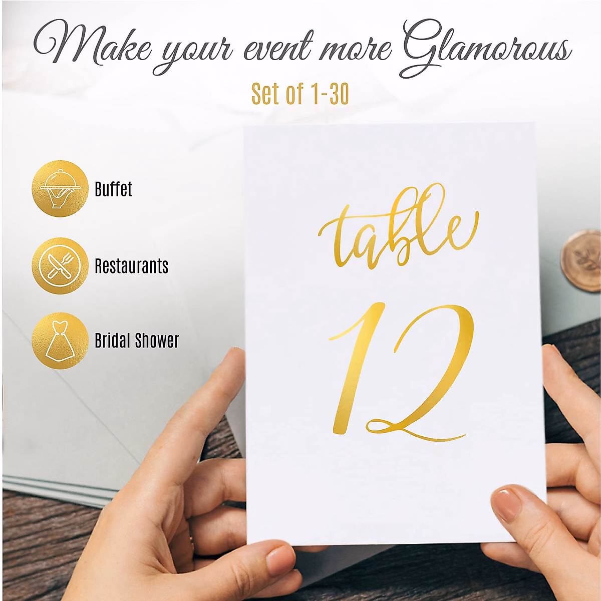 30 Pieces Table numbers For Wedding Reception With Pcs Number Holder , Holders Place cards Card Gold Numbers, white,gold