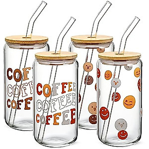 Glass Cups with Lids and Glass Straws with Design 4pcs Set - 16oz Cute Iced Coffee Sublimation Glasses, Beer Can Shaped Drinking Glasses Tumbler, Coffee Bar Accessories, Aesthetic Housewarming Gifts