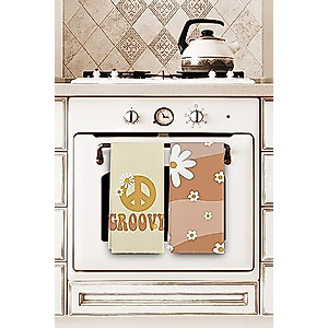 Groovy Retro 70s Hippie Boho Daisy Floral Peace Sign Kitchen Towels Set of 2,Cotton Modern 24 X 16 Inches Dish Towels Dishcloths,Dish Cloth Flour Sack Hand Towel for Farmhouse Kitchen Decor