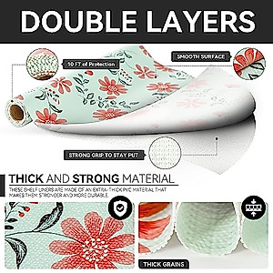 RAY STAR Shelf Liner, 12 Inch x 10 Feet Non Adhesive Golden Red Daisy Floral Cabinet Liner for Pantry Drawer Vanity, Strong Grip Non Slip Waterproof, Shelf Liners for Kitchen Cabinets