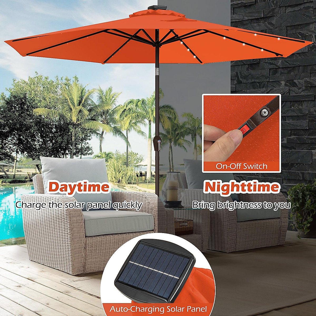 Giantex 9ft Outdoor Patio umbrella with Solar Lights, Table Market Umbrella with Crank and Push-button Tilt System, Solar LED Lighted Patio Umbrella for Backyard Deck Pool Beach (Orange)