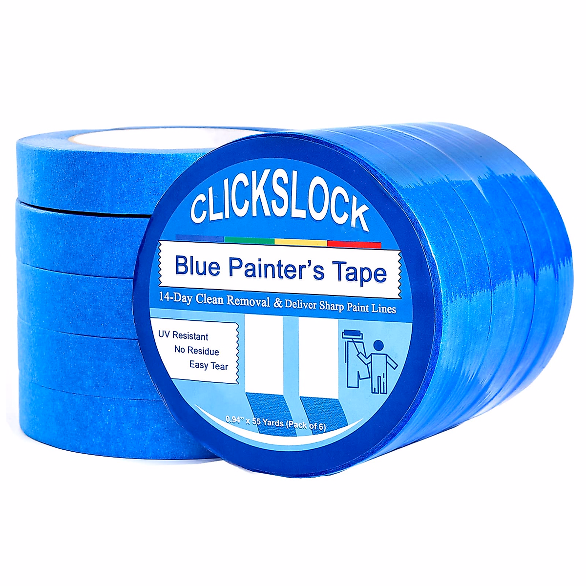 Clickslock Blue Painters Tape,3 Rolls 1.88"×55 Yards (165 Yards Total), Blue Painters Masking Tape Bulk, Residue Free Multi-Surface Painting Tape