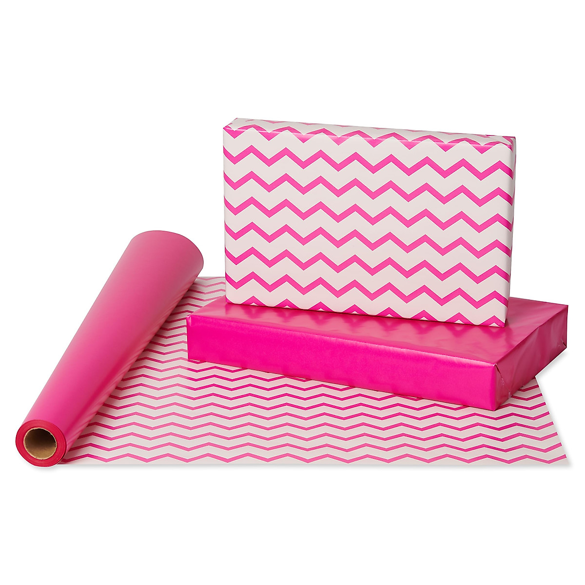 American Greetings Reversible Wrapping Paper Jumbo Roll for Graduation, Birthdays and All Occasions, Pink and Chevron (1 Roll, 175 sq. ft.)