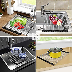 AMZALIBA Roll up Over The Sink Dish Drying Rack Portable Stainless Steel Rolling Rack Kitchen Rolling Dish Drainer Foldable Dish Drying Rack for Kitchen Sink Counter (17.7''X11.8'')