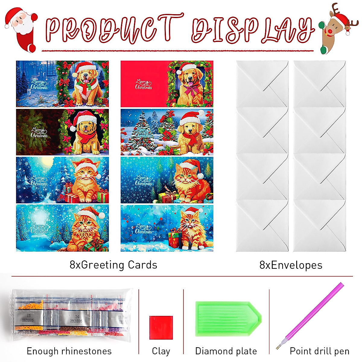8pcs Christmas Diamond ATR Cards 5d DIY Christmas Diamond Art for Adults Beginners Santa Cat and Santa Dog Xmas Greeting Cards for Holiday Craft Card Making