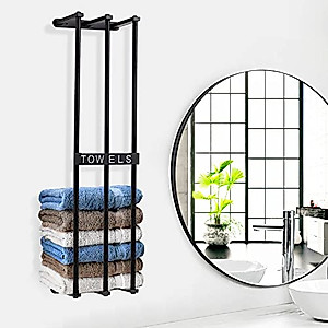 Sawjut Wall Towel Racks for Bathroom Wall Mounted, 3 Bars Metal Wall Towel Storage Rack with 6 Hooks, Bath Towel Holder Shelf for Rolled Towels Large Towel Washcloths Hand Towels (Black)