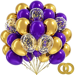 BAUANOOY Purple and Gold balloons, 60pcs 12 Inch Purple Metallic Chrome Gold and Confetti Balloon for Wedding Graduation Birthday Party Decorations