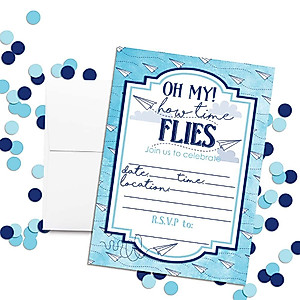 Paper Airplane Time Flies Themed Birthday Party Invitations, 20 5x7 Fill In Cards with Twenty White Envelopes by AmandaCreation