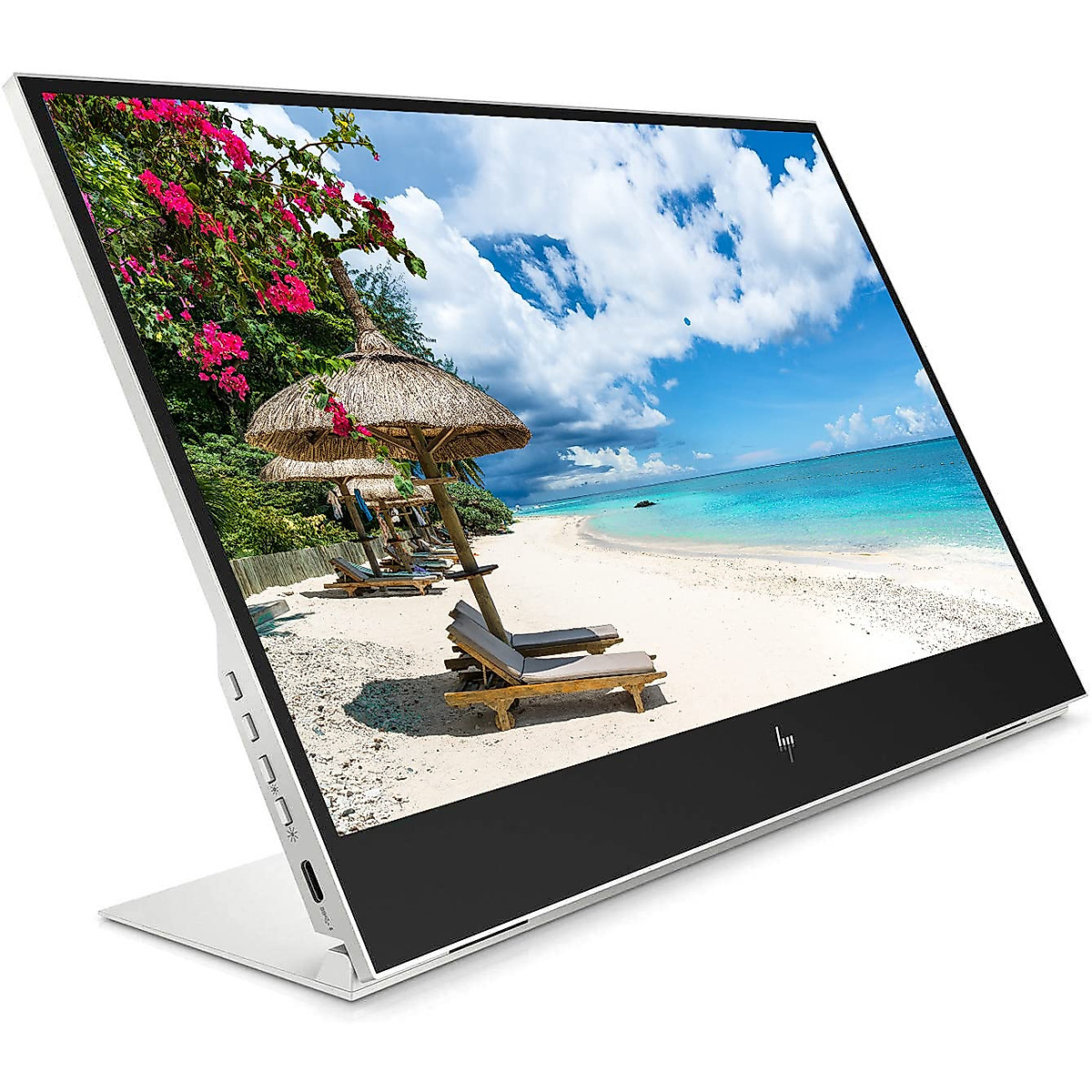 HP E14 G4 FHD (1920 x 1080) Portable Travel Monitor Bundle with 2 USB Type-C, Pink Gemstone Bluetooth Folding Wireless Keyboard, and White Pebble M350 Bluetooth Wireless Mouse