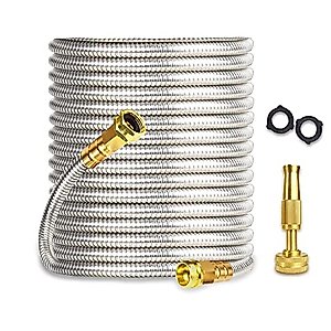 Metal Garden Hose 100FT Heavy Duty Lightweight 304 with Brass Nozzle,Durable Fittings,No Kink & Tangle,Puncture Resistant,Easy to Use & Store for RV,Outdoor, Yard,Ligh (100ft)