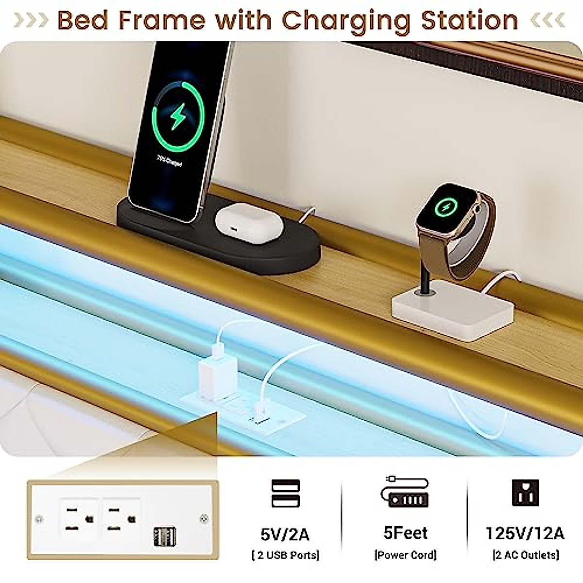 ADORNEVE LED Bed Frame Full with Storage Headboard,Full Size Platform Bed Frame with Charging Station,Bed Frame with Drawers,Velvet Tufted Headboard,Noise-Free,Creamy White & Gold