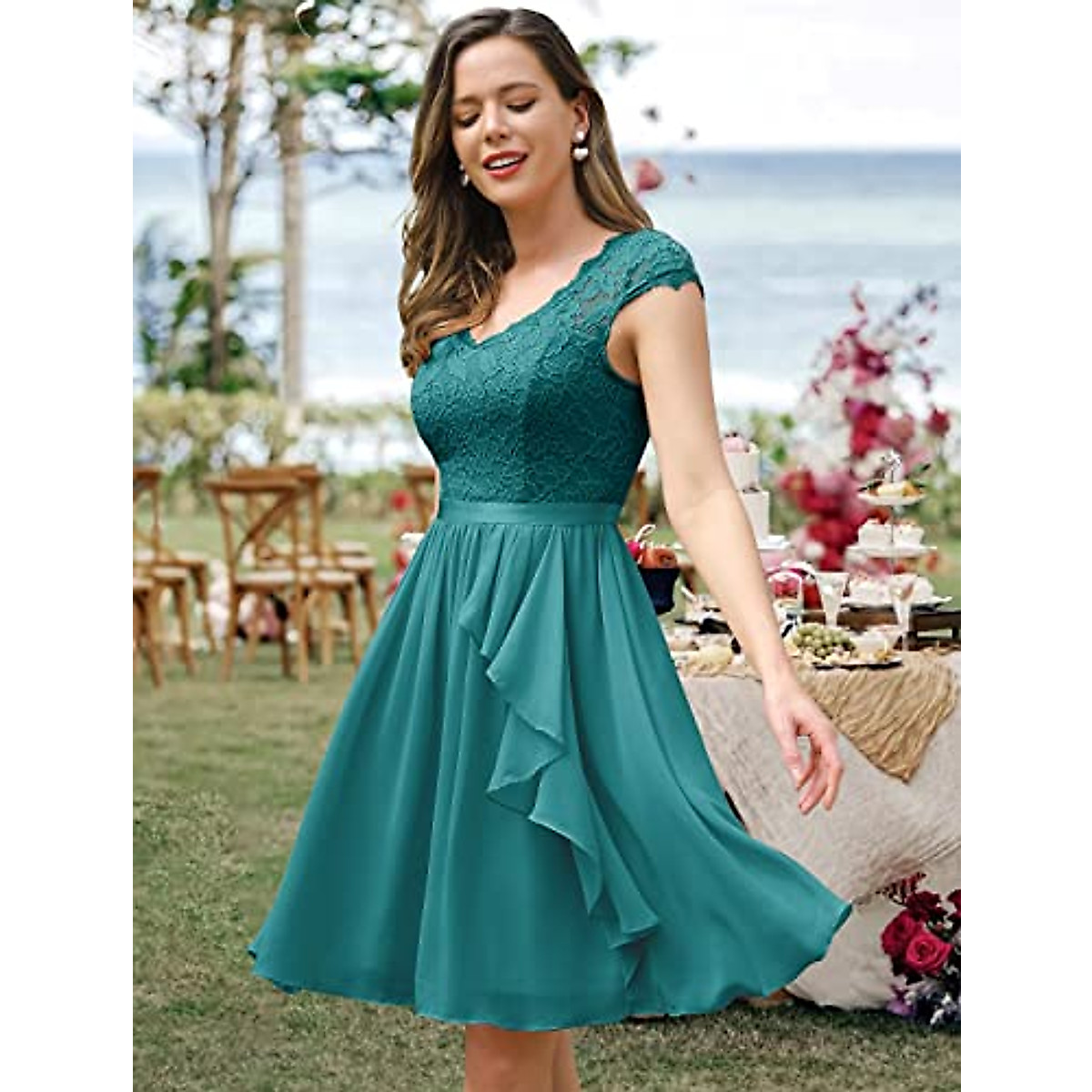 Wedtrend Women Short Lace Bridesmaid Dresses with Cap-Sleeve Wedding Guest Dresses Floral Chiffon Semi Formal Dresses, Ruffle Modest Juniors Short Prom Dress for Cocktail Party WT0212PeacockGreenM
