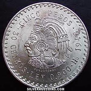 Mexico 1948 Silver Cuauhtemoc Five Peso Coin