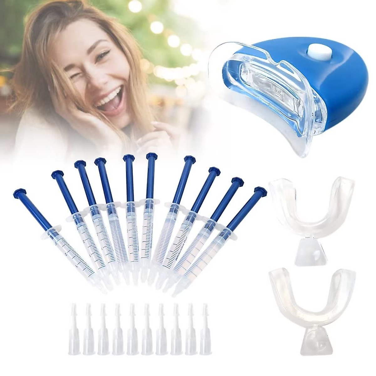Teeth Whitening Kit (10) Gel (2) Trays (1) White LED Light Best Dental 44% Lightens Teeth Dramatically and Safely