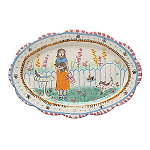 Creative Co-Op Decorative Ceramic Painted Illustration and Scalloped Edge, Multicolor Platter, Multi