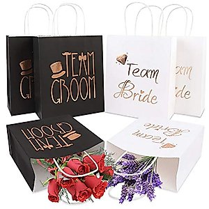 OurWarm 12pcs Wedding Party Gift Bags 6 Groomsmen 6 Bridesmaid Gift Bags Paper Bags with Handles for Bachelorette Party Bridal Shower Favors, Rose Gold Foiled Team Bride Team Groom