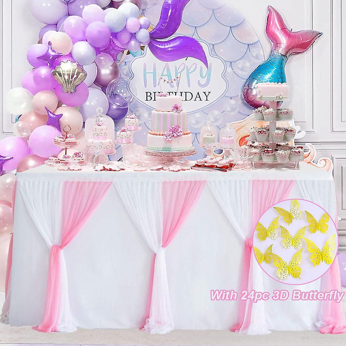 Albassa Table Skirts for Rectangle or Round Tables Pink Tulle TableCloth with 3D Butterfly for Princess Baby Shower Birthday Party Decorations（9ft*H 30in,Pink)