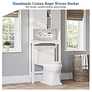 Luxspire Boho Storage Basket, Toilet Paper Basket, Handmade Cotton Rope Woven Basket Toilet Paper Storage Bins Small Organizer with Handle for Bedroom Nursery Bathroom, 13.4" x 6", White + Gray