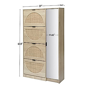 LKTART Natural Rattan Shoe Storage Cabinet 4-Tier Wood Shoe Rack Storage Organizer Door with Mirrofor Entryway