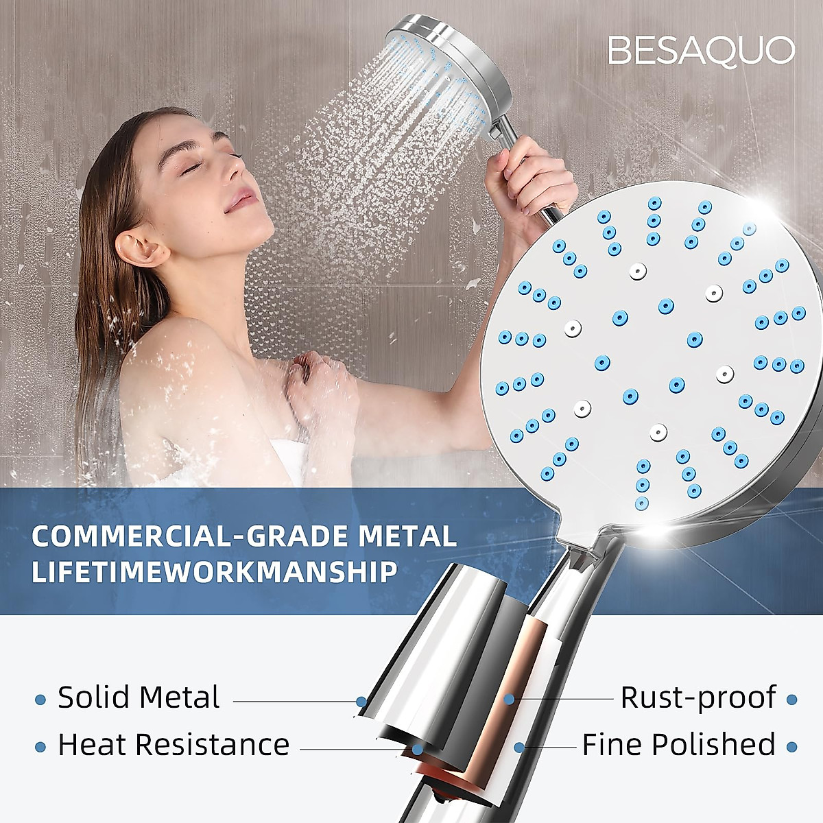 BESAQUO ALL METAL 3 Settings Handheld Shower Head with Hose and Brass Holder, Non-Clogging Nozzles High Pressure Shower Head with Handheld, 72 Inch Hose&Adjustable Holder