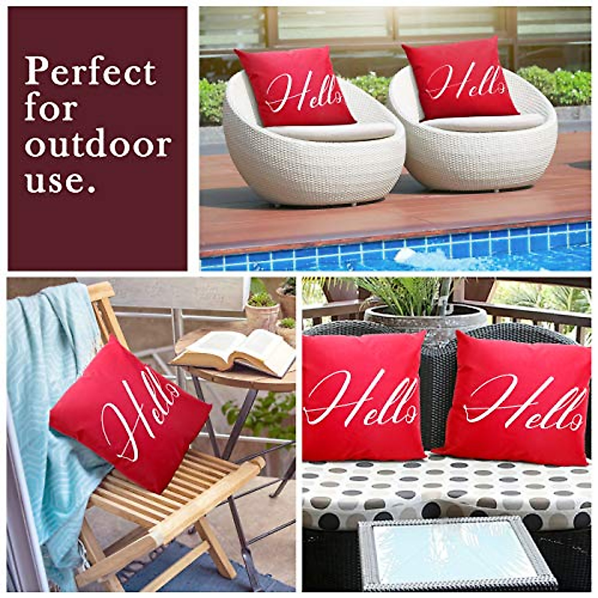 MoKo 2-Pack Waterproof Outdoor Pillow Cover 18x18, Decorative Patio Garden Throw Pillow Cases with Quotes Hello, Square Cushion Covers for Backyard Sofa Couch Tent, 45 x 45 cm, Red
