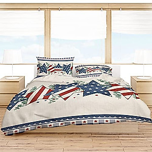 Lsrtoss 4th of July Queen Duvet Cover Set for All Season, Independence Day Eucalyptus Leaves Blue Red Star Microfiber 3 Piece Bedding Set with 2 Pillowcases & 1 Quilt Cover, 90" W x 92" L, Queen Size