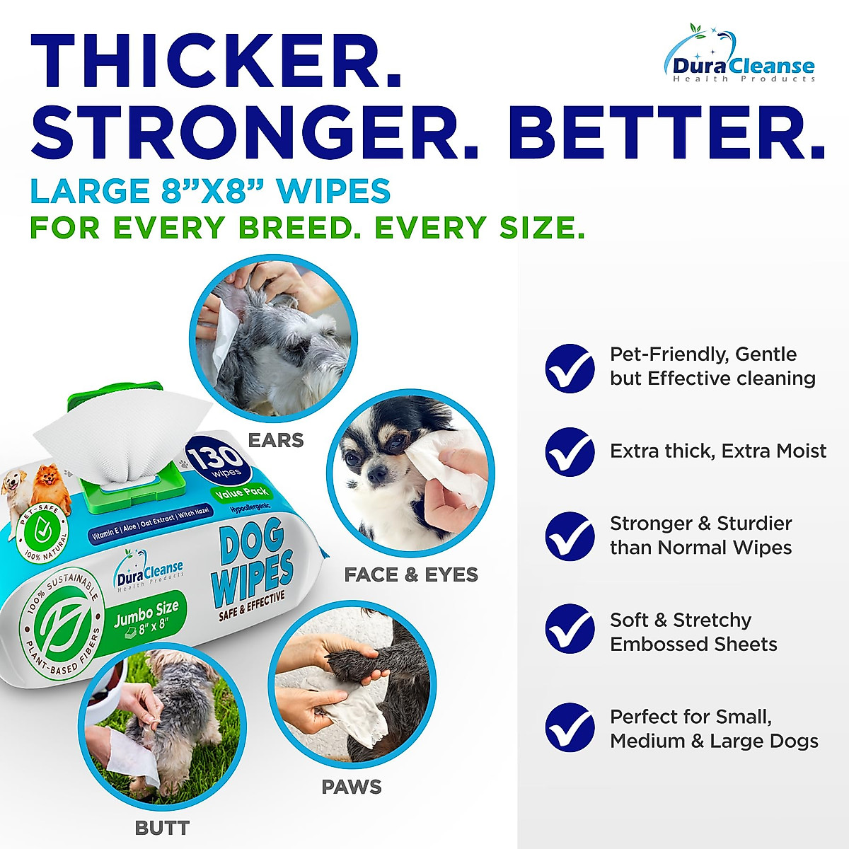 Dog Wipes for Paws and Butt - 130 Count + 4 Travel Puppy Wipes - 8" x 8" Large Dog Grooming Bath Wipes | Hypoallergenic Dog Face Wipes, Extra Thick Cleaning Deodorizing Pet Wipes for Dogs, Cats, Pets
