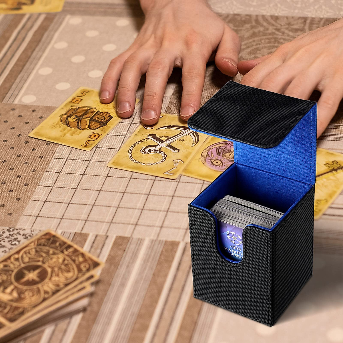 Weewooday 3 Pieces Leather Deck Card Boxes Cards Deck Game Box for 100 Plus Cards Compatible with MTG (Black Blue, Red, Green, Vertical)