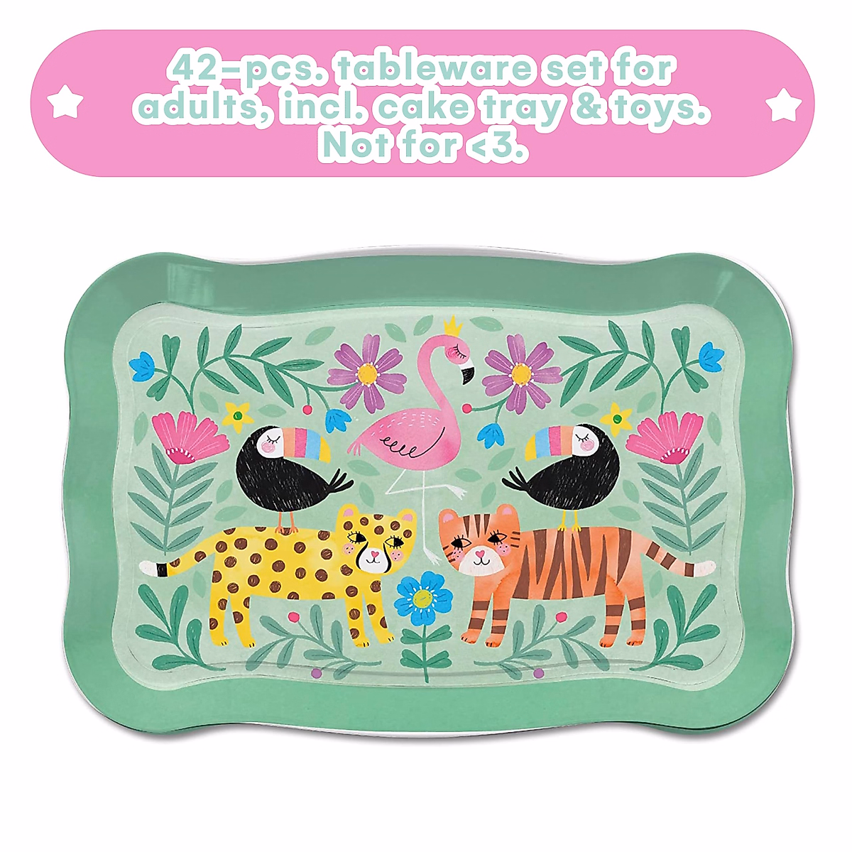 Jewelkeeper Tea Set for Little Girls - 15 Piece Sets Kids Tin Tea Party with Cups, Saucers, Plates & Serving Trays-Toddler Princess Tea Time Pretend Play-Safari Design Picnic Toy -Girls Birthday Gift