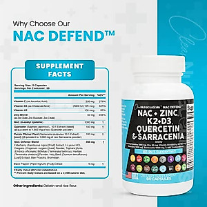 NAC Supplement N-Acetyl Cysteine 1000mg Vitamin D3 K2 Zinc Quercetin 1000mg Sarracenia Purpurea 1000mg with Elderberry Holy Basil Bee Propolis Bromelain L-Lysine Made in USA - 60 Count