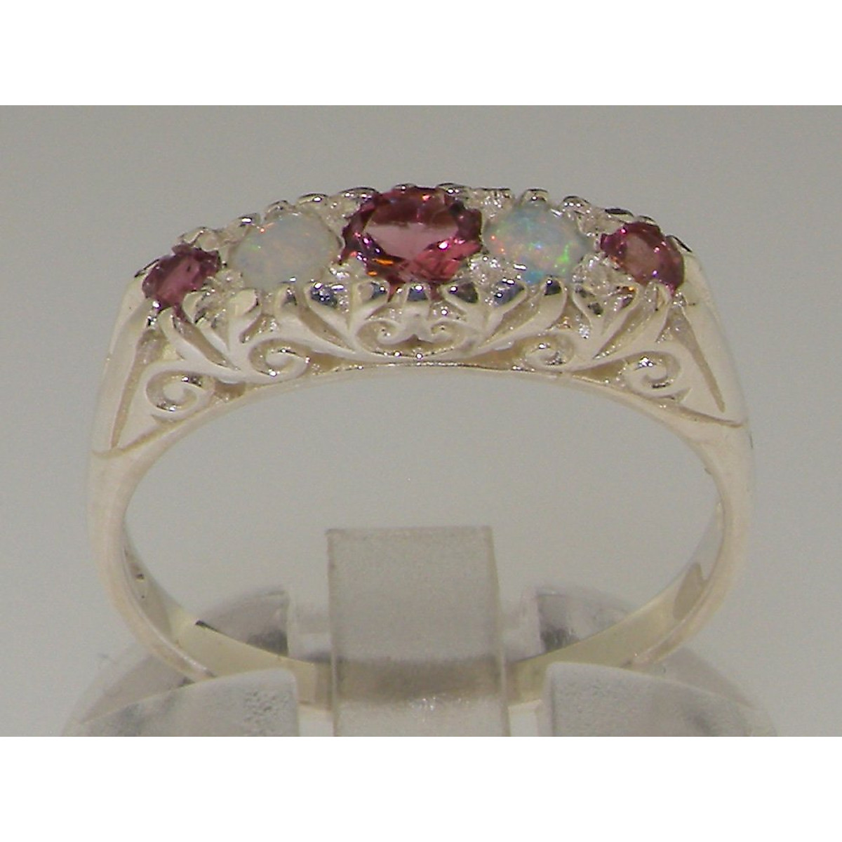 LetsBuyGold 925 Sterling Silver Natural Pink Tourmaline and Opal Womens Anniversary Ring - Size 8.25