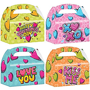 ArtCreativity Valentines Day Treat Boxes, Set of 12, Cardboard Paper Valentines Candy Boxes with Carry Handles, Themed Party Favor Boxes, Valentines Goodie Bags for Sweets, Toys, Gifts, and More