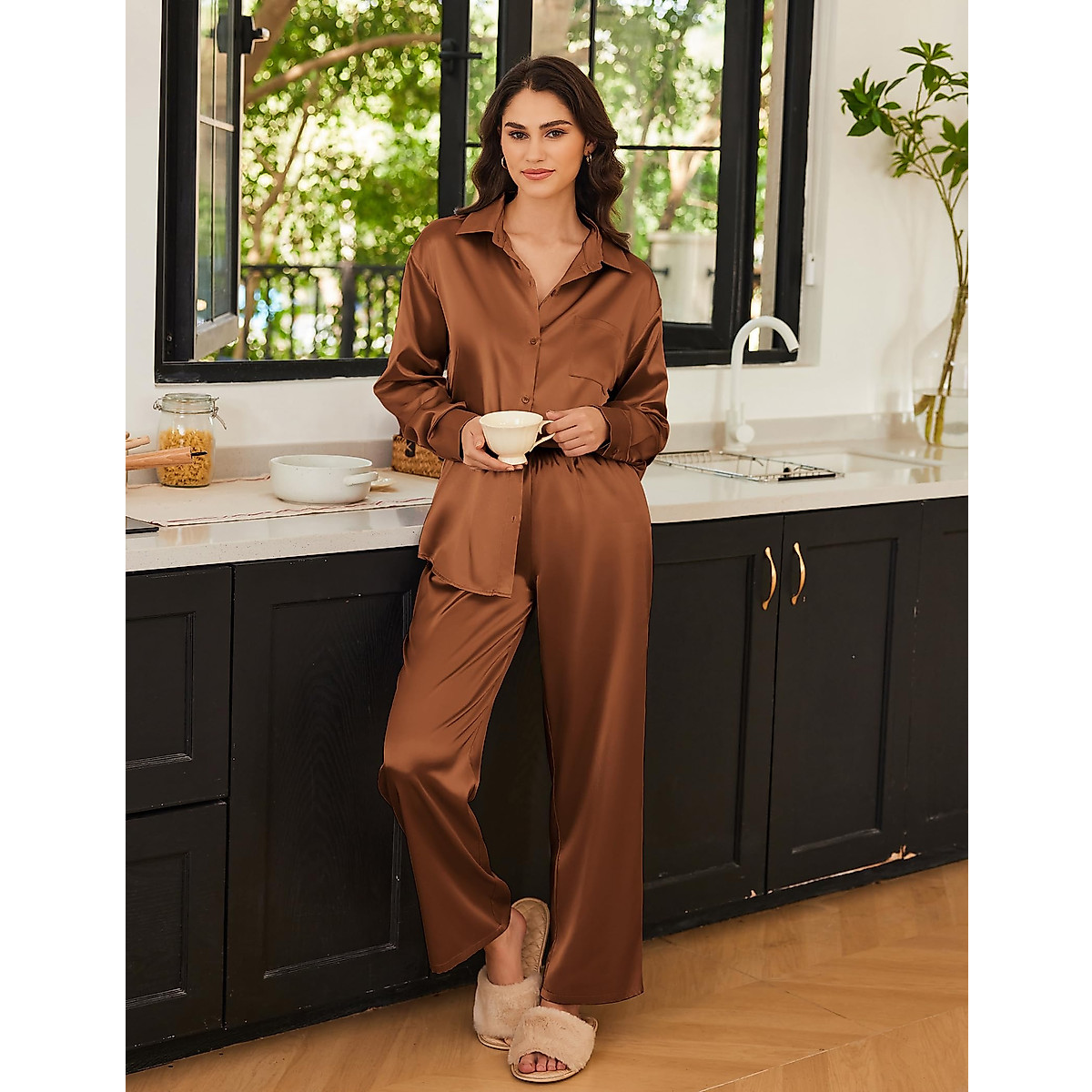 Ekouaer Womens 2 Piece Silk Satin Pajama Set Long Sleeve Lounge Sets Button Down Shirts and Pants PJs Soft Sleepwear Sets Clay L