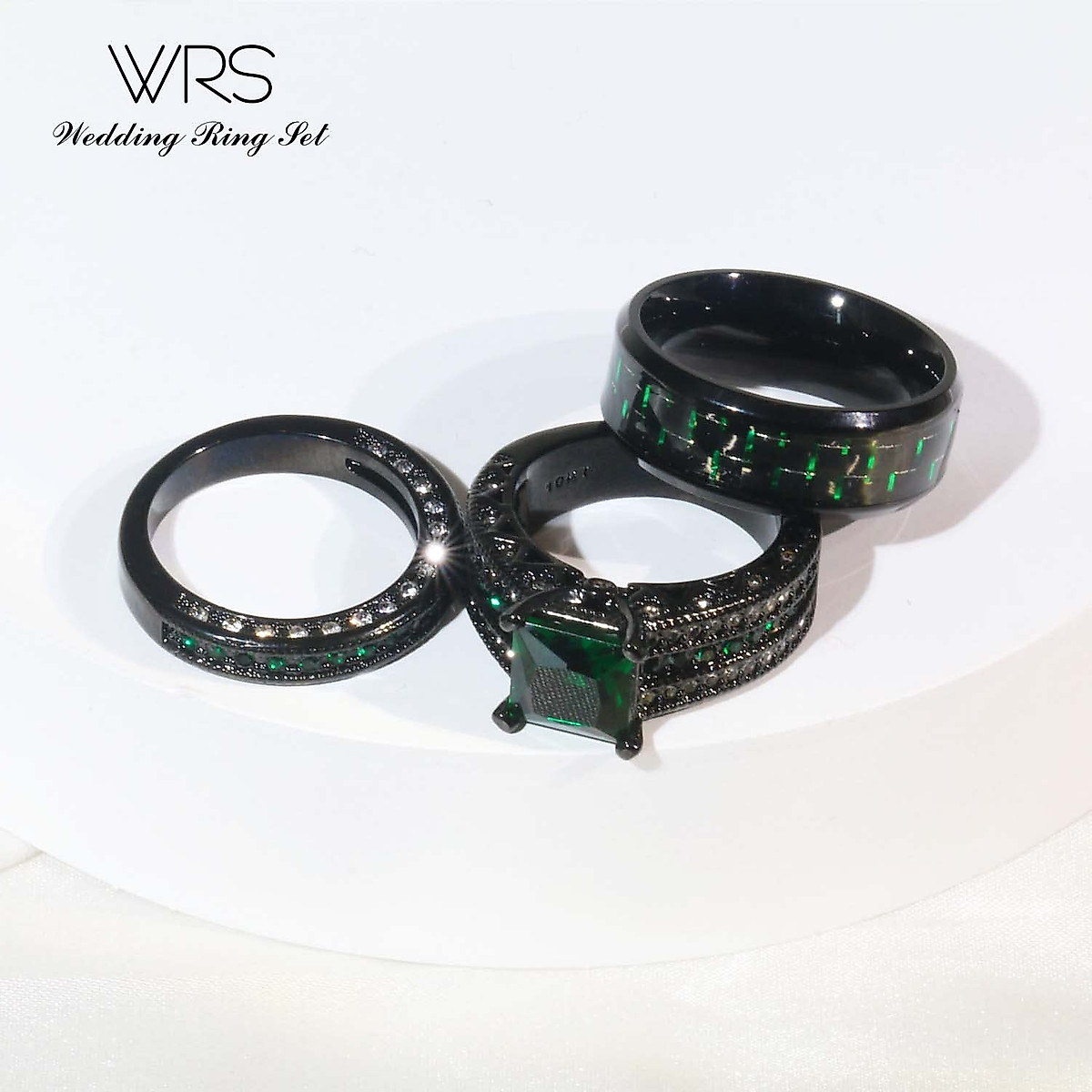 Two Rings His Hers Wedding Ring Sets Couples Matching Rings Women's Black Gold Filled Green CZ Wedding Engagement Ring Bridal Sets Men's Stainless Steel Wedding Band