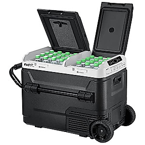 F40C4TMP 12 Volt Portable Refrigerator, 54 Quart Dual Zone Car Freezer With Independent Temperature Control, -4℉ to 68℉,51L Compressor Fridge With Wheels & 2 Baskets For Camping, Travel, Road Trip, Vehicle, Car, Truck, Van, RV, Outdoor and Home--12V/24V D