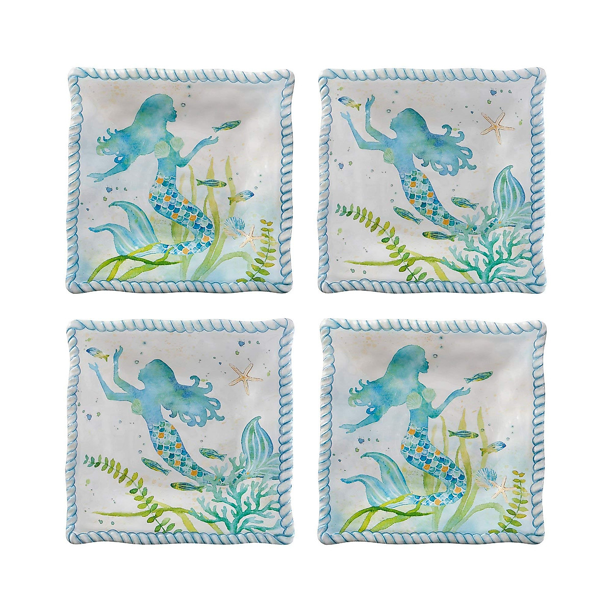 UPware 16-Piece Melamine Dinnerware Set, Includes Dinner Plates, Salad Plates, Dessert Plates, Bowls, Service for 4. (Mermaid)