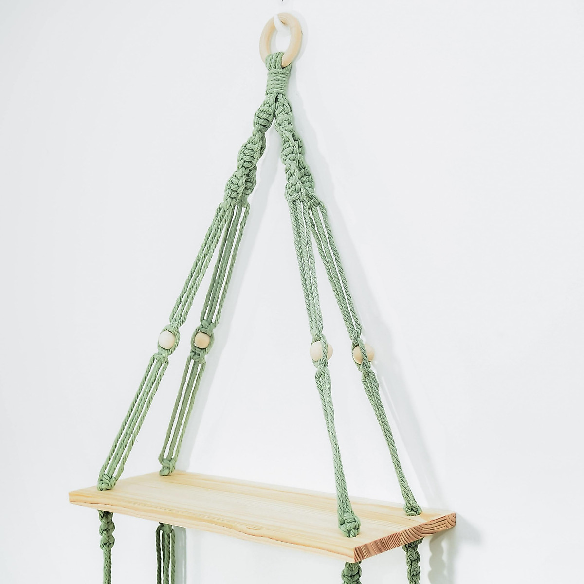 Macrakido - Macrame Wall Hanging 2-Tier Shelf, Boho Floating Wooden Shelves with Green Woven Rope and Leaf Decor,Plant Display for Bedroom, Dorm, Nursery, Living Room, and Bathroom Wall Decor