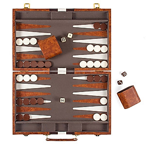 AMEROUS Backgammon Set, 15 Inches Classic Board Game with Leather Case, Folding Board, Gift Package, Portable Travel Strategy Backgammon Game Set for Adults, Kids (Medium, Brown)