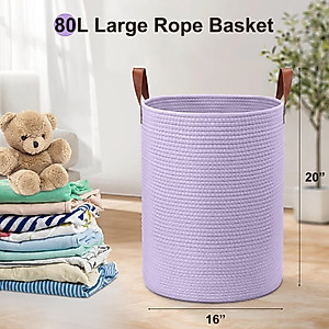 wymulot 80L Large Rope Basket, Woven Rope Storage Basket with Leather Handles, Dog Toy Storage Basket, Bedroom, Nursery Blanket Storage, Bathroom Laundry Basket, 16“x20” Tall Rope Basket (Purple)