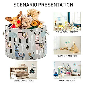 Large Round Storage Basket - Cactus Llama Canvas Home Organizational Solution Toy Storage Bin for Laundry Hamper,Toy Bins,Gift Baskets, Bedroom, Clothes,Baby Nursery