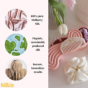 SILKIE x4 Set 100% Pure Mulberry Silk Black Brown Chocolate Pink Nude Neutral Skinny Scrunchies Travel Pouch Everyday Hair Ties Elastics Hair Care Ponytail Holder No Damage (Champagne)