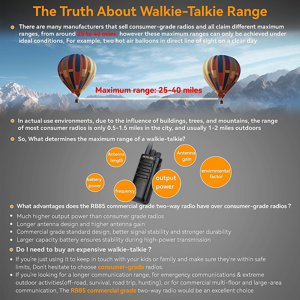 Retevis RB85 Walkie Talkies for Adults Long Range, High Power 2 Way Radio with Earpiece, Rechargeable Two Way Radios, AI Noise Cancelling, for Security, Hotel(2 Pack)