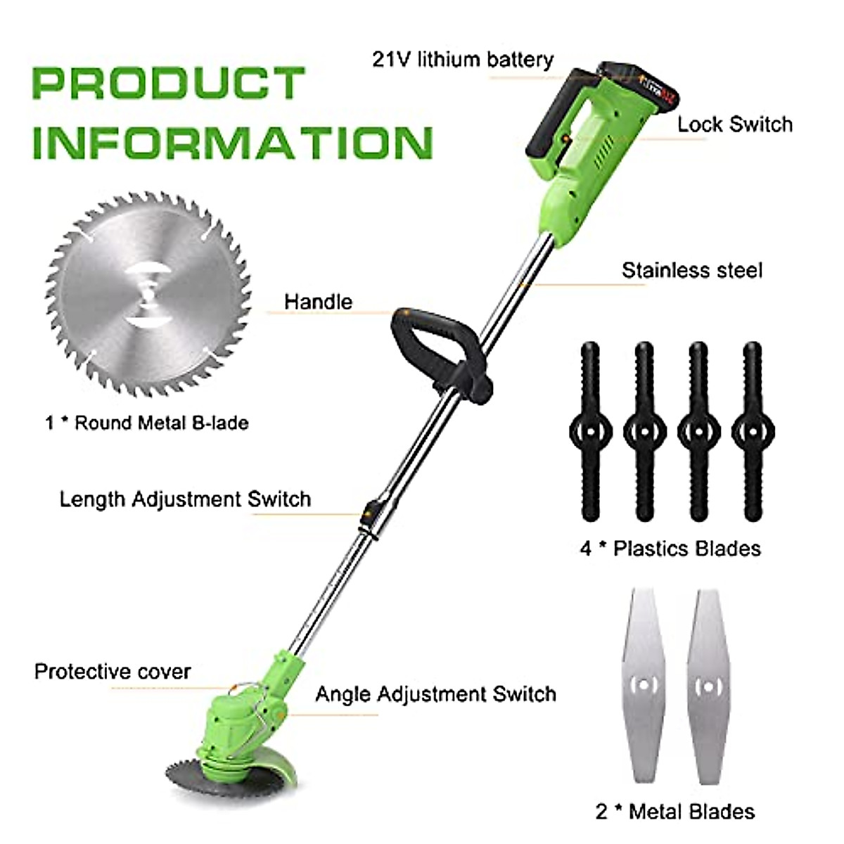 dsfen Electric Lawn Mower Rechargeable Li-ion Battery Cordless Grass Trimmer Auto Release Household Portable Garden Home Trimming Machine for Gardening Green