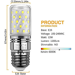 BHCH E26 LED Corn Bulbs 12W,6000K Daylight White,1200LM,Edison Screw Bulbs,100W Incandescent Bulbs Equivalent,Pack of 4