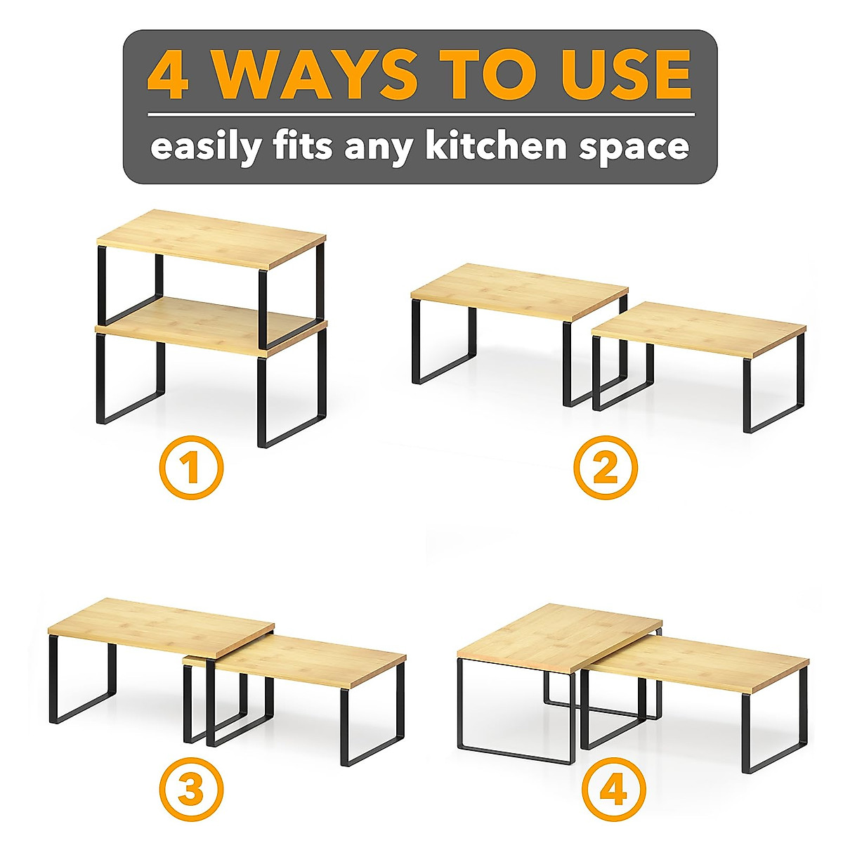 SpaceAid Cabinet Shelf Organizers 2 Pack, Kitchen Counter Rack Shelves Riser, Stackable Expandable Spice Rack, Pantry Cupboard Storage Organization (Black and Natural, Short)