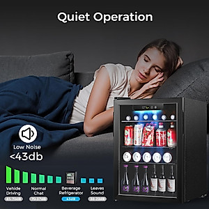 Kndko Mini Beverage Refrigerator and Cooler - 95 Can Mini Fridge with Digital Temperature Control, LED Light, Reversible Door, Perfect for Home, Office, Bar, and Game Room - 2.6 Cu.Ft, Black