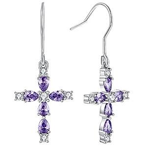 YL Cross Earrings 925 Sterling Silver Halo Dangle Earrings Created Amethyst Religious Jewelry Christian Baptism Gifts